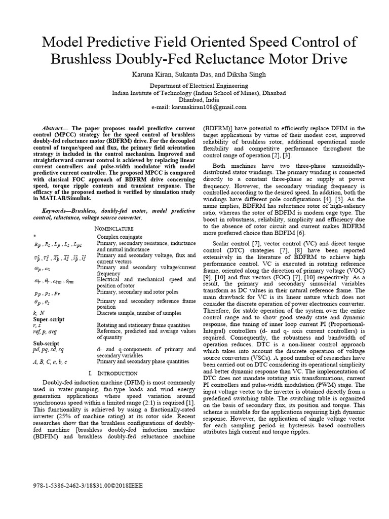 Model Predictive Field Oriented Speed Control of Brushless Doubly-Fed ...