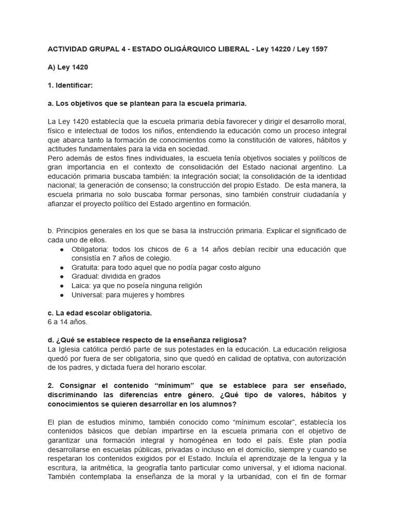 Actividad Grupal 4 - Estado Oligárquico Liberal - Ley 14220 - Ley 1597 | PDF | Educación ...