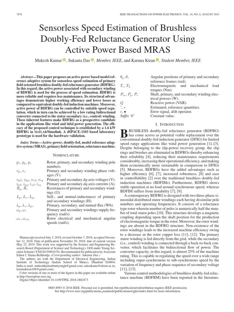 Sensorless Speed Estimation of Brushless Doubly-Fed Reluctance Generator Using Active Power ...