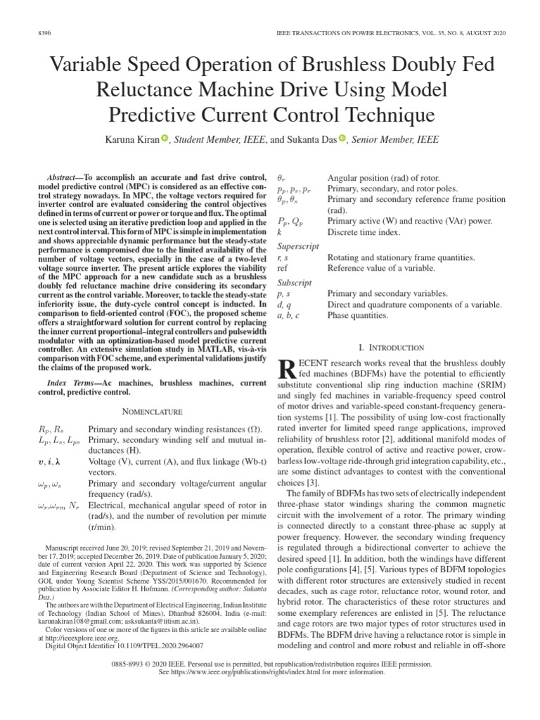 Variable Speed Operation of Brushless Doubly Fed Reluctance Machine Drive Using Model Predictive ...