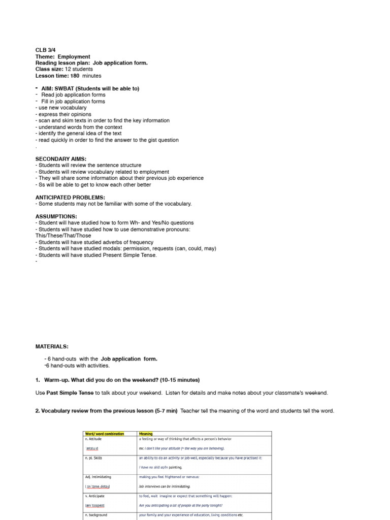 Job Application Form Lesson Plan | PDF | Vocabulary | Linguistics
