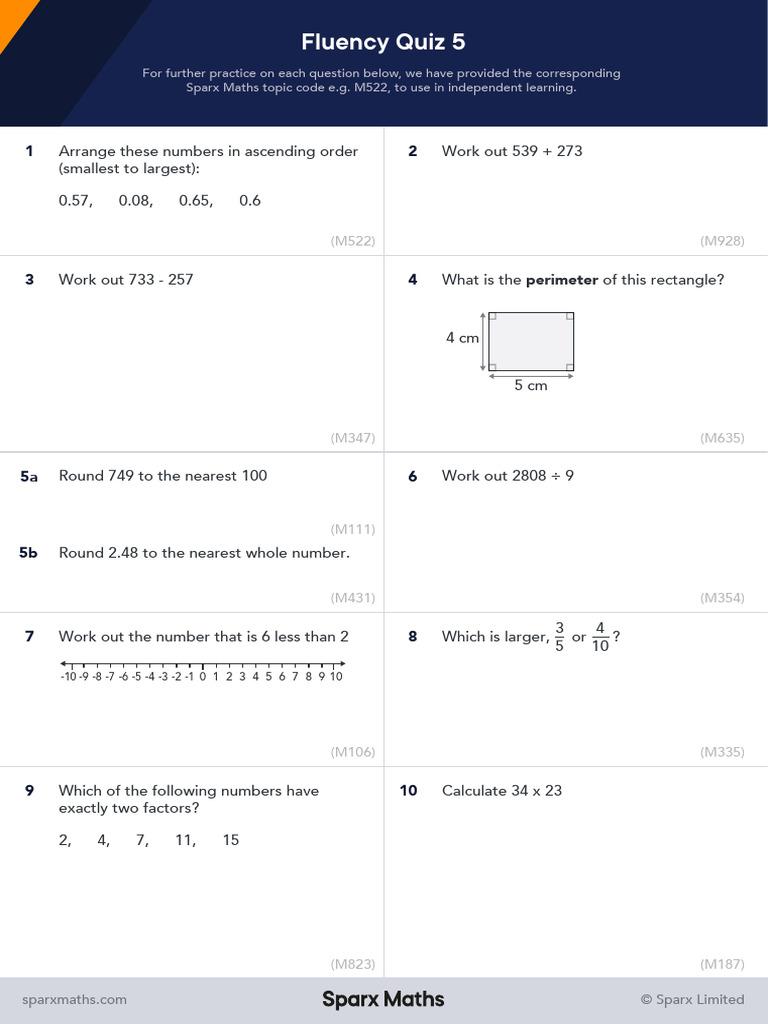 Sparx Maths Fluency Quiz 5 | PDF