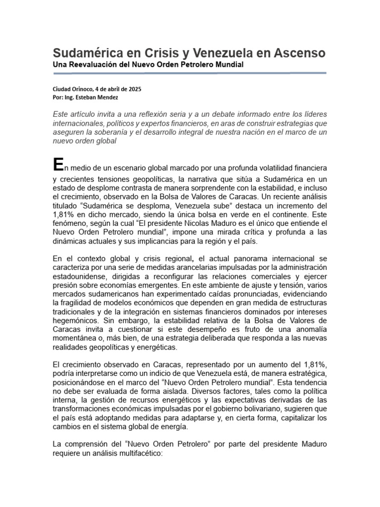 Articulo Sudamérica en Crisis y Venezuela en Ascenso Por Ing Esteban ...
