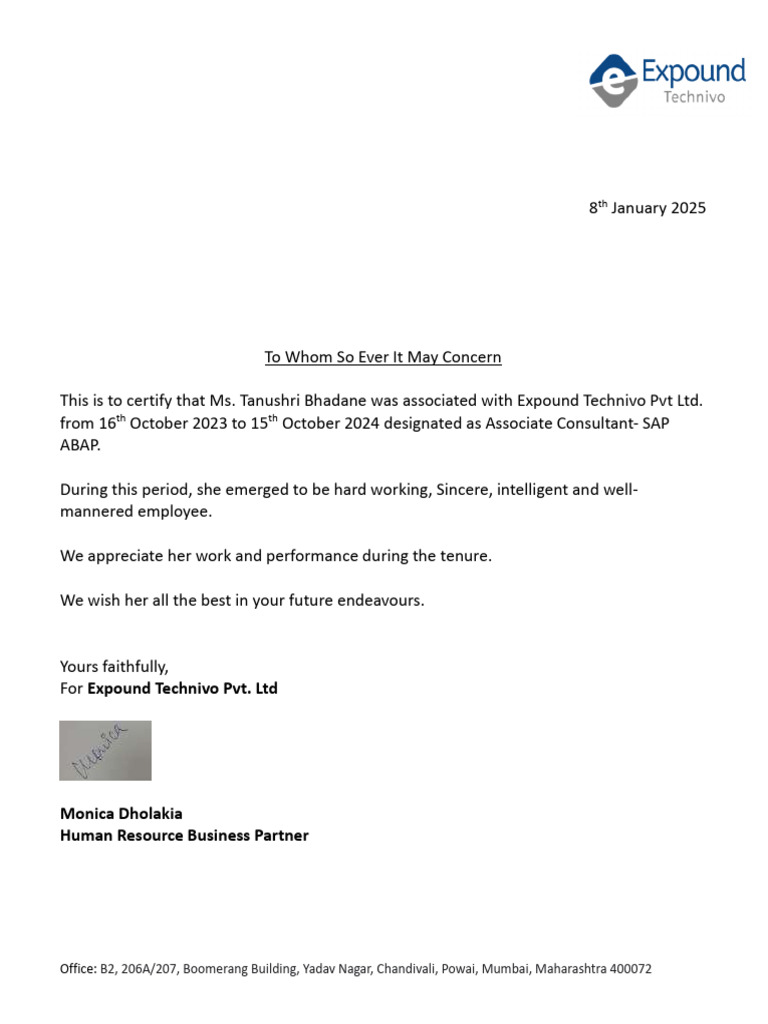 Experience Letter - Tanushri Bhadane | PDF