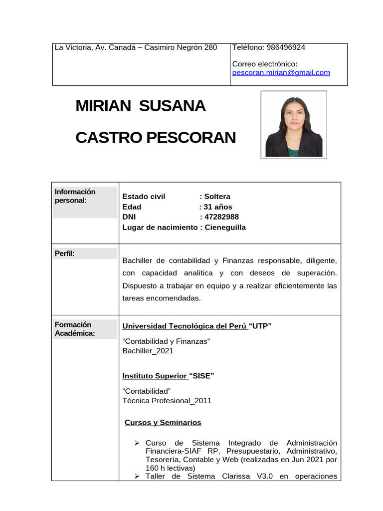 CVMirian Susana Castro Pescoran | PDF | Contabilidad | Economía Financiera