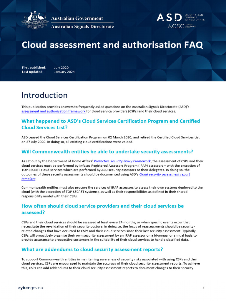 Cloud Assessment and Authorisation FAQ (January 2024) | PDF | Creative Commons | Computer Security