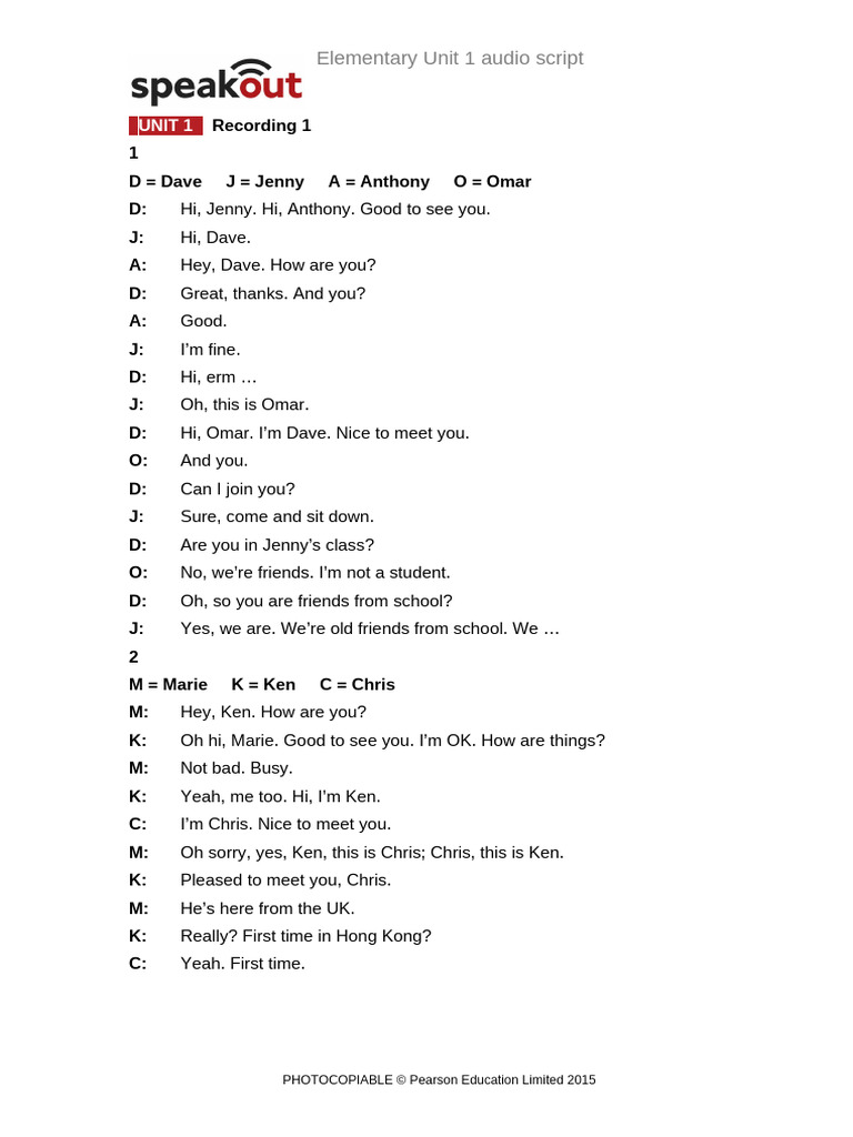 Elementary Unit 1 Audio Script | PDF