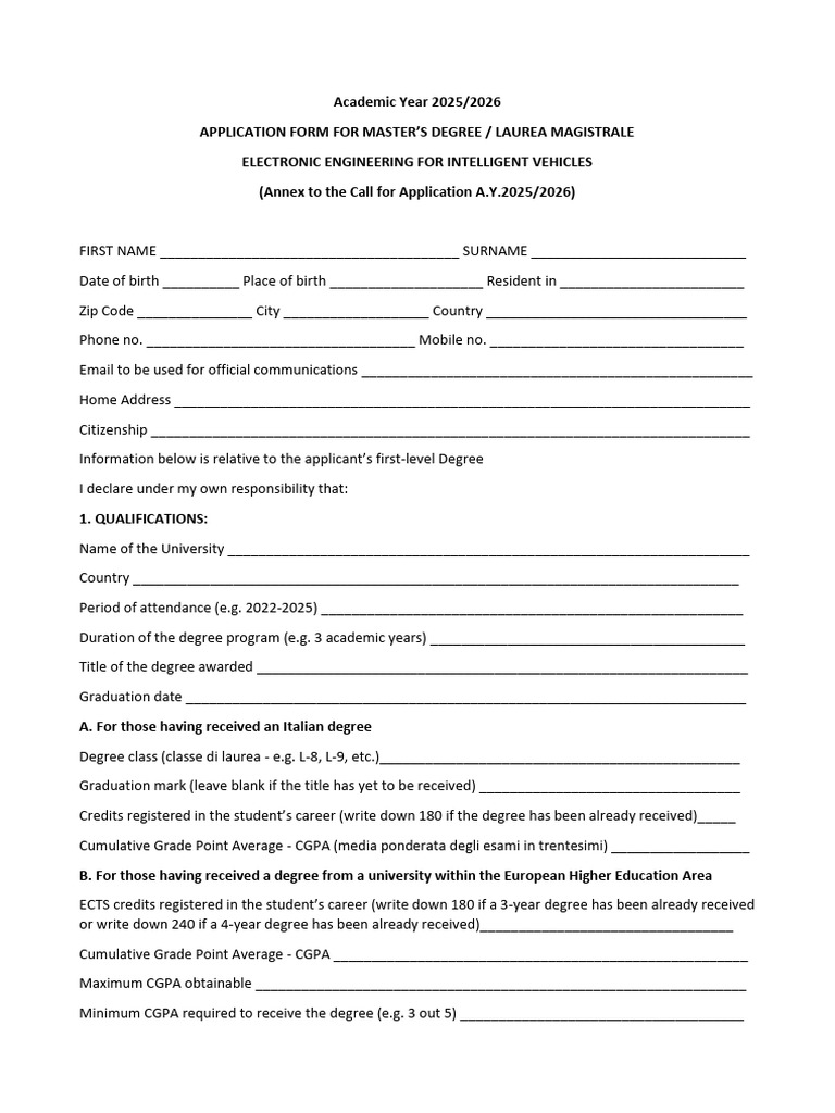 APPLICATION FORM EEIV - Extra UE 2025 2026 - 0 | PDF | Academic Degree ...