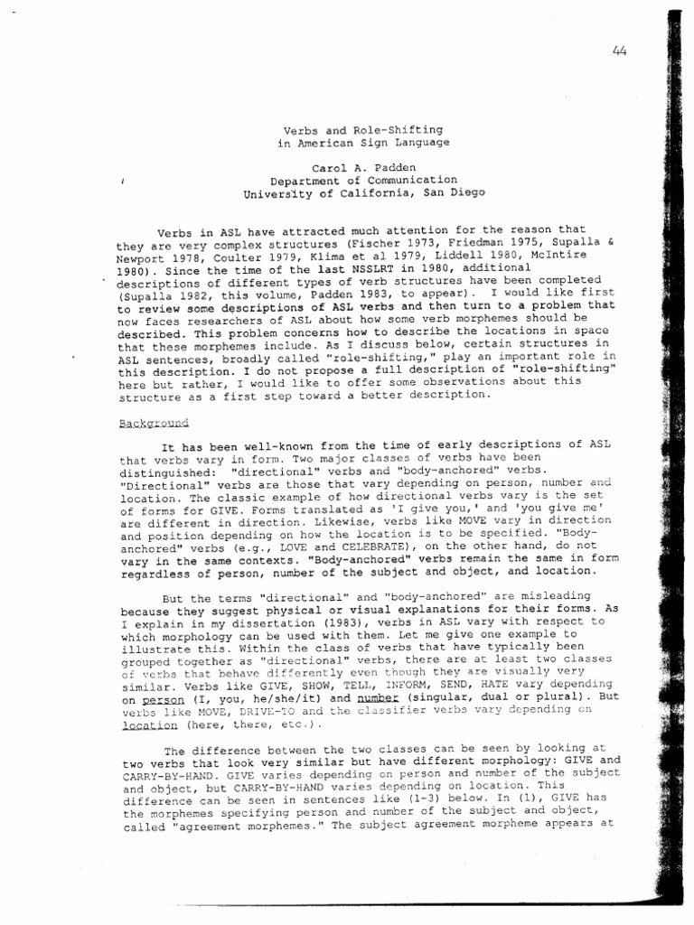 (Carol - Padden) - Verbs and Roleshifting in ASL | PDF