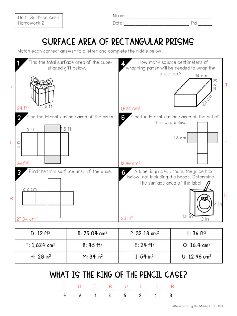 Surface Area Rectangle and Triangle Prisms HW Key | PDF | Area ...