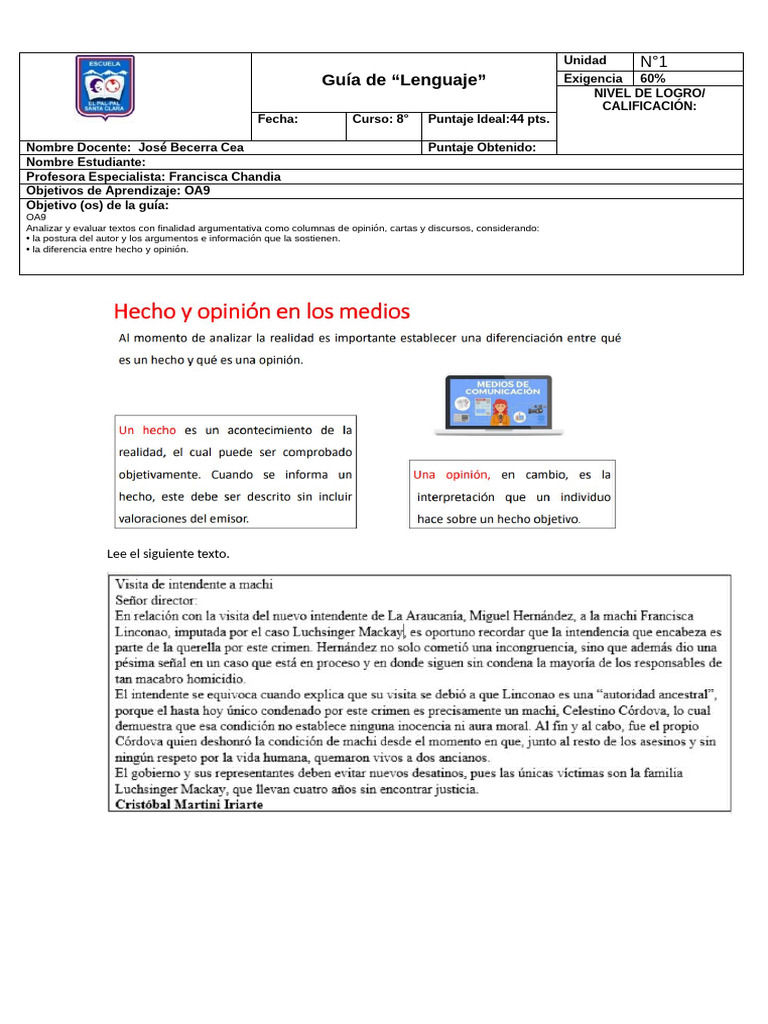 Guía de Hecho y Opinión 8° | PDF