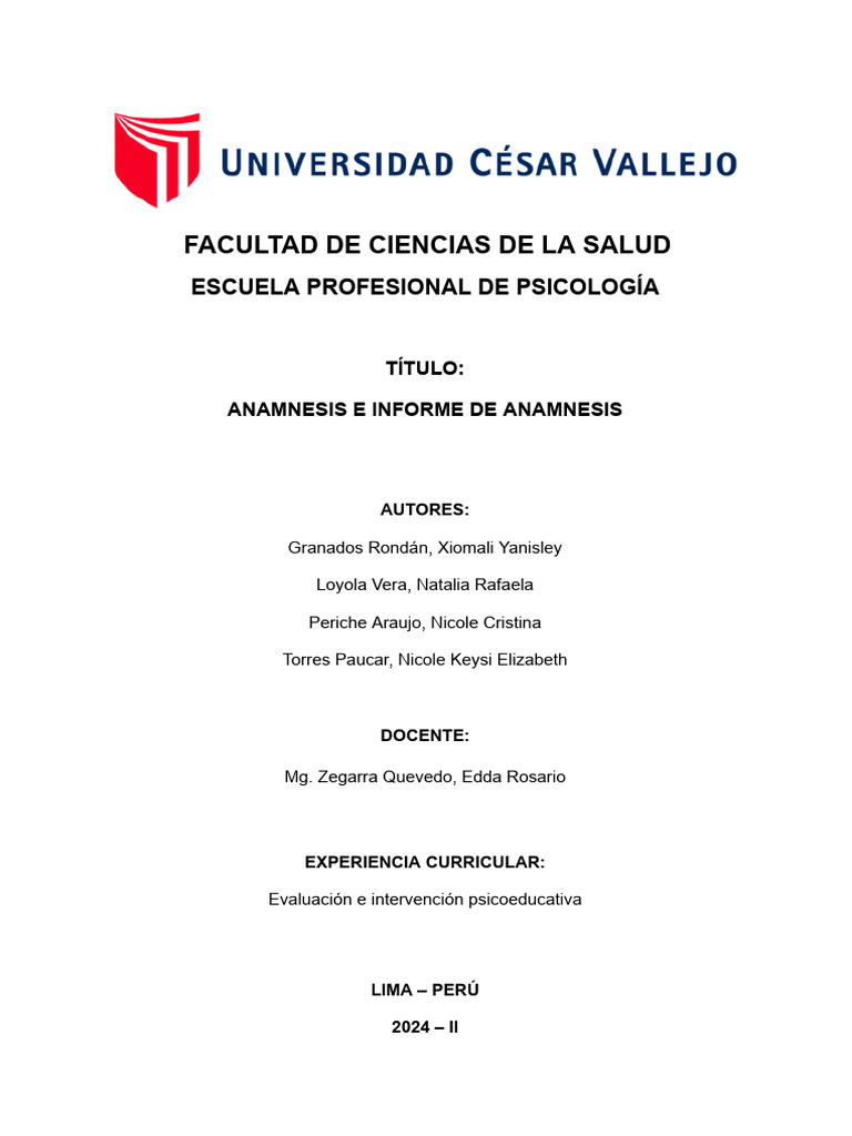 Carátula Anamnesis Psicología UCV | PDF