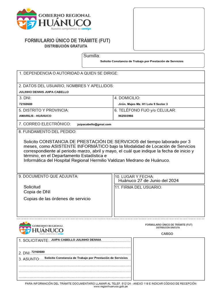 Formulario Único de Trámite (Fut) : Sumilla | PDF