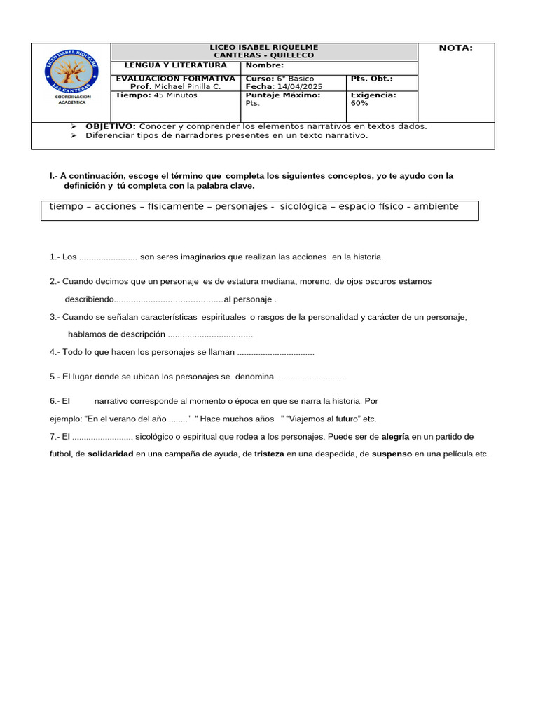 evaluacion formativa sexto basico | PDF | Narración