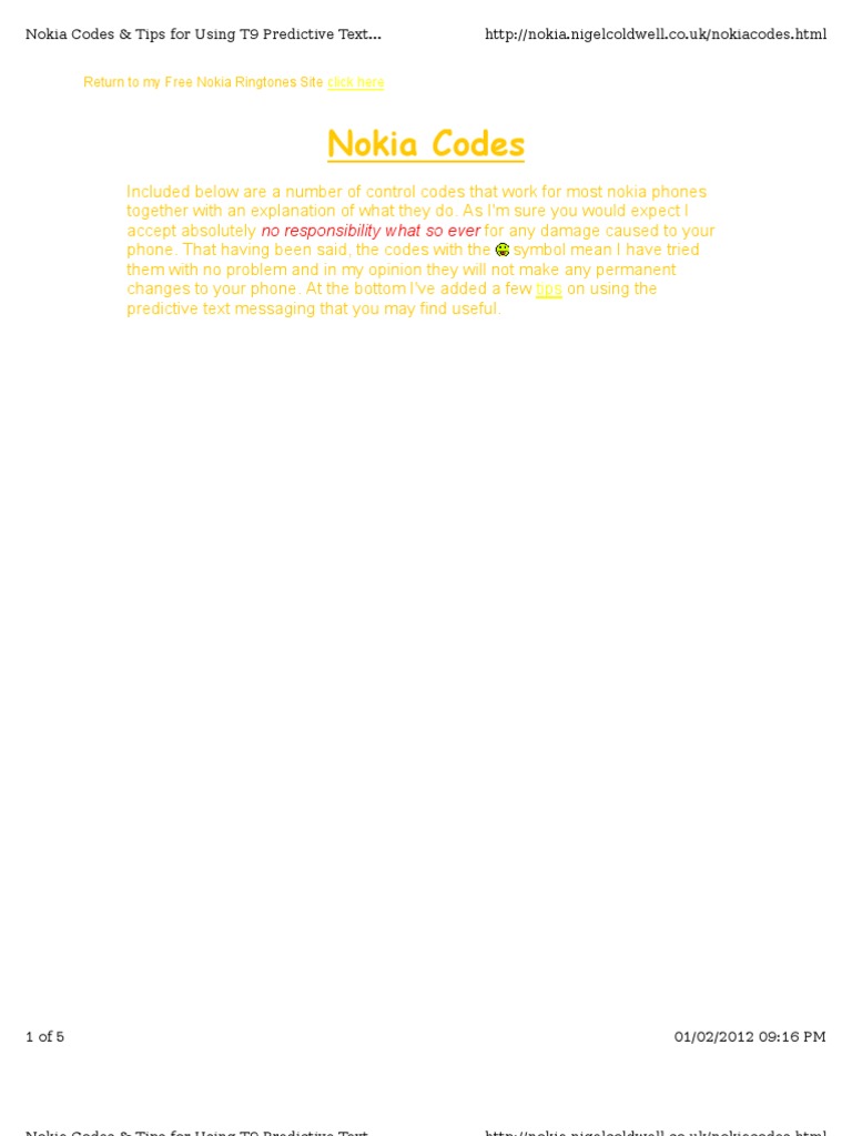 Nokia Phone Codes | PDF | Mobile Technology | Telecommunications