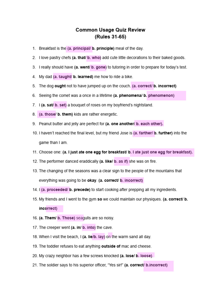 Common Usage Quiz: Rules 31-65 Review | PDF | Foods | Cuisine