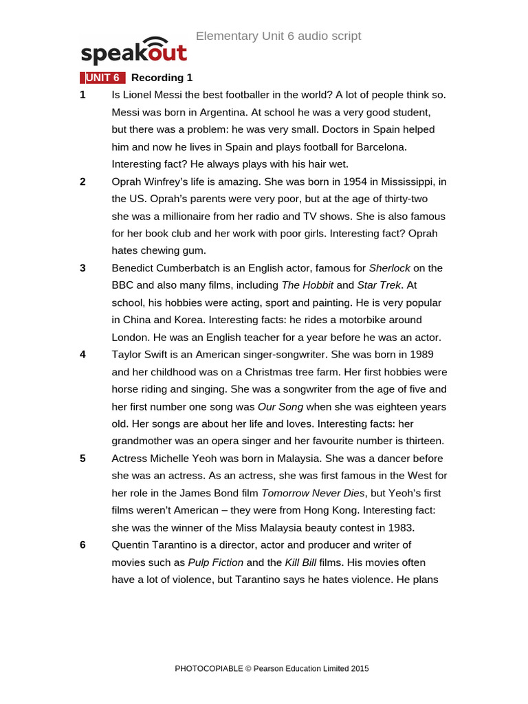 Speak Out Starter Class Audio Script Unit 6 | PDF