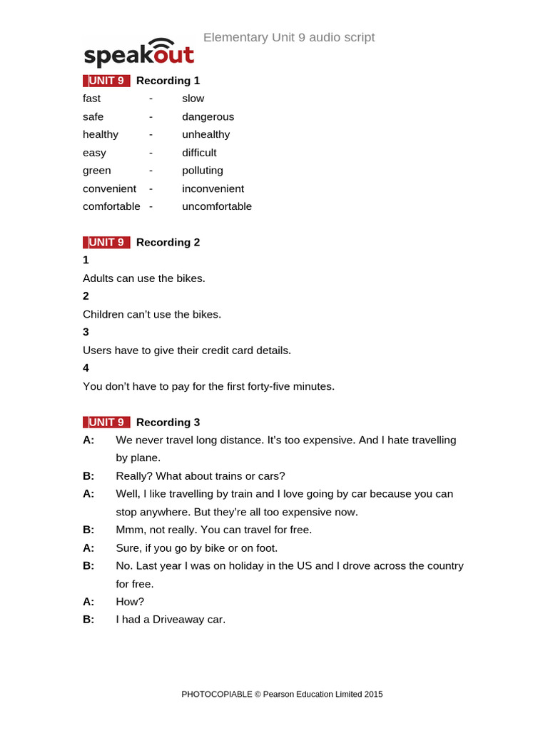 Speak Out Starter Class Audio Script Unit 9 | PDF