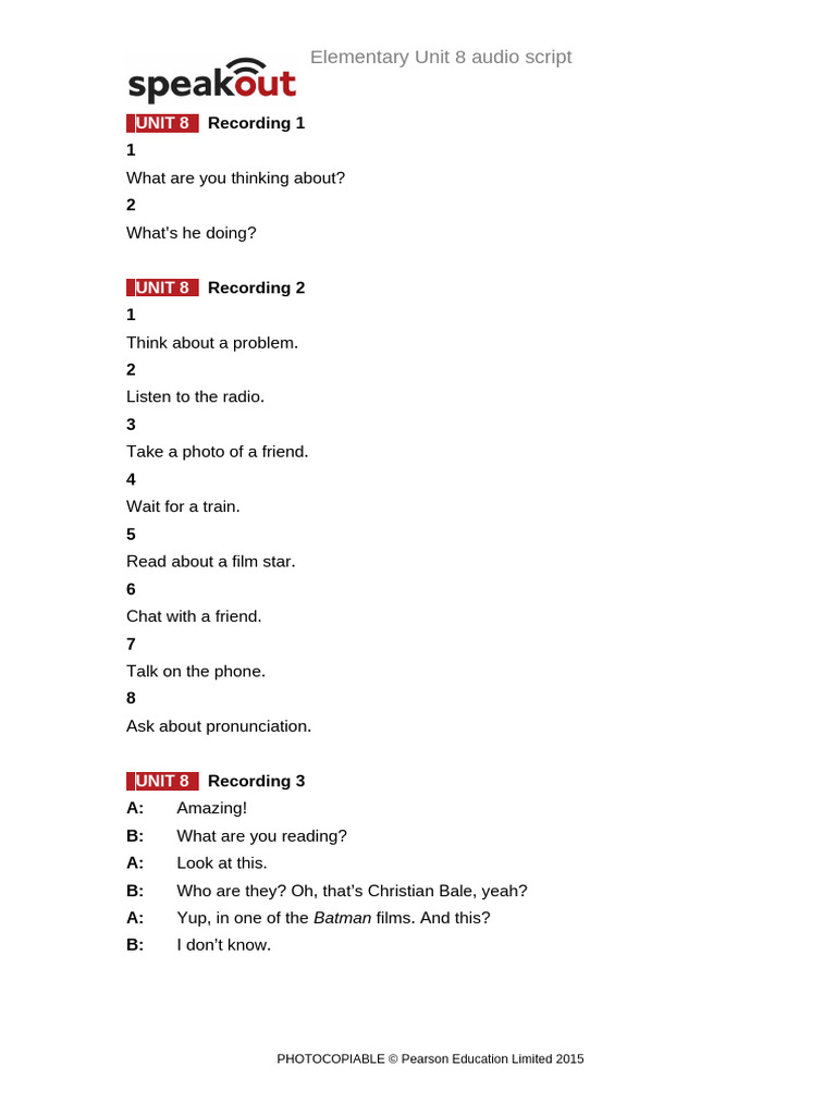 Speak Out Starter Class Audio Script Unit 8 | PDF