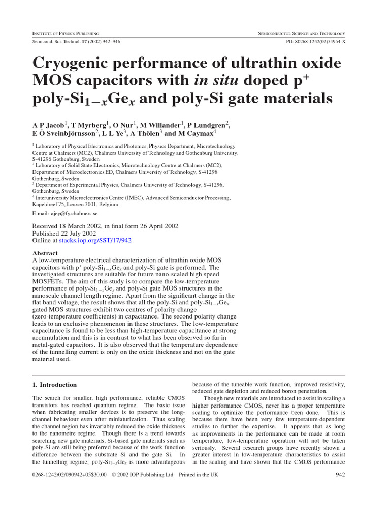 Cryogenic performace of ultrathin oxide MOS | PDF | Mosfet | Field Effect Transistor