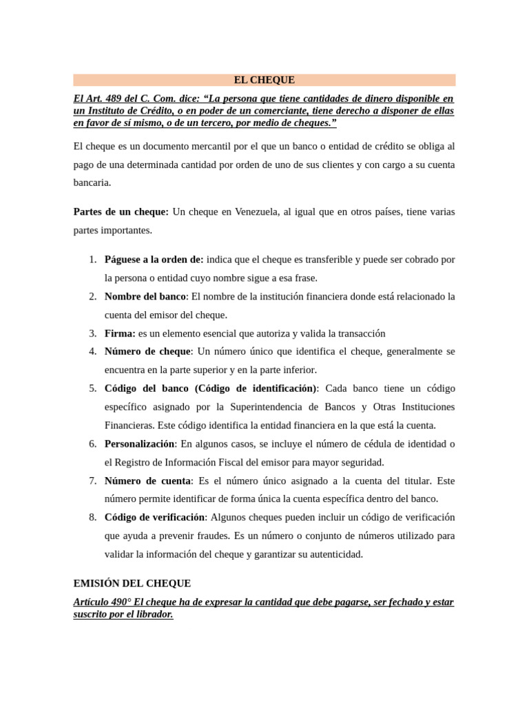 Qué es un cheque y sus características | PDF | Cheque | Bancos