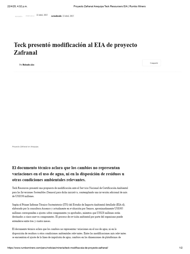Proyecto Zafranal Arequipa Teck Resourcers EIA - Rumbo Minero - 21 Abril 2025 | PDF | Evaluación ...