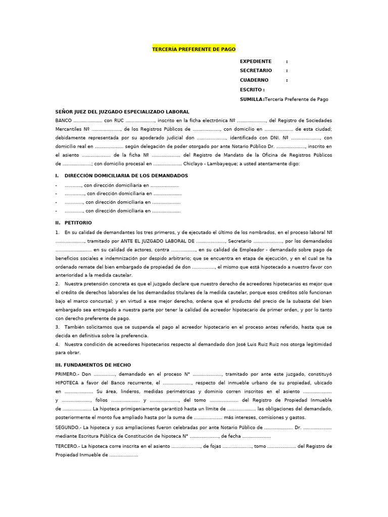 Tercería Preferente de Pago en Hipoteca | PDF | Derecho laboral ...