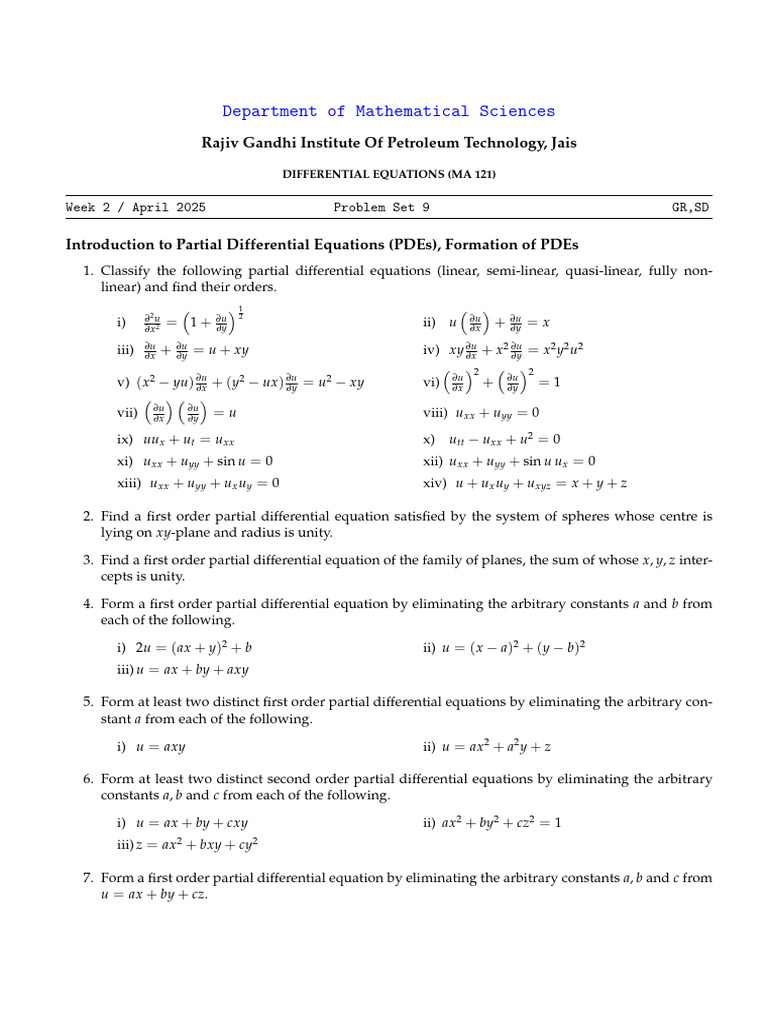 Partial Differential Equations Problem Set | PDF | Equations | Partial ...