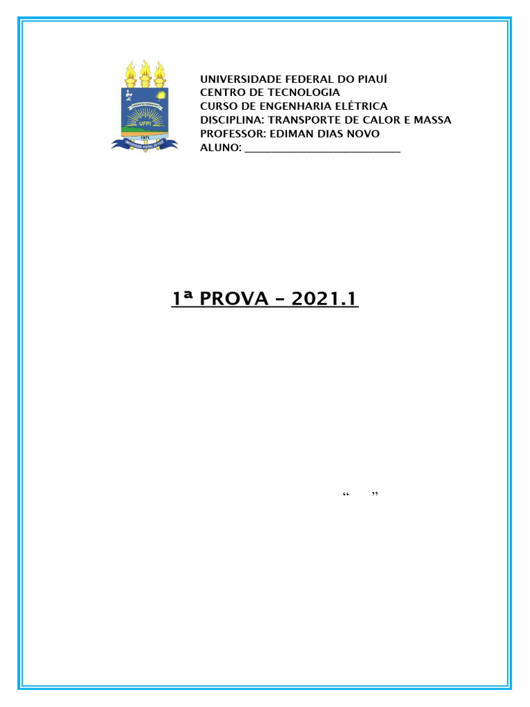 Prova de Transporte de Calor e Massa 2021.1 | PDF | Transferência de ...