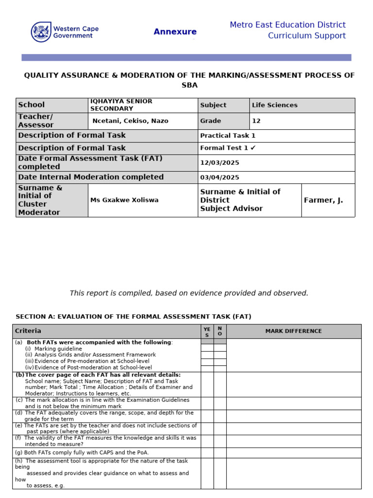 Life Sciences Cluster Moderation (Term 1 SBA - 2025) | PDF ...