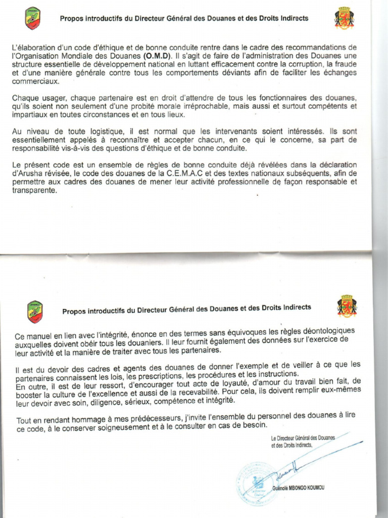 Code D'ethique Et de Bonne Conduite en Douane | PDF