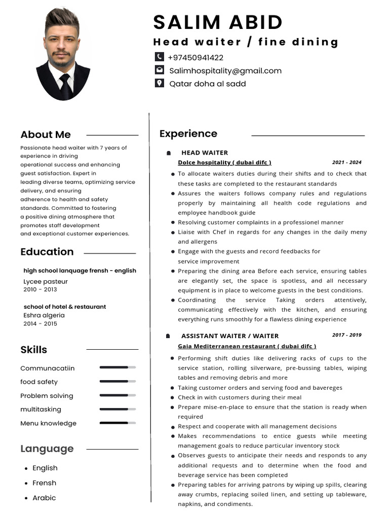 S.Head Waiter | PDF | Restaurants | Waiting Staff