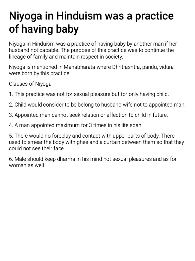 Niyoga in Hinduism Was A Practice of Having Baby | PDF