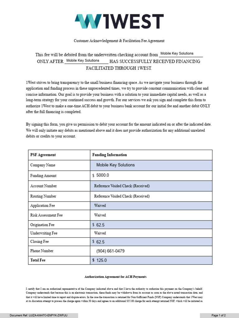 Mobile Key Solutions - 1west Facilitation Agreement | PDF | Debit Card | Fee
