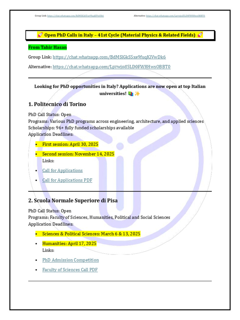 Italian PHD Calls 2025 2026 | PDF | Doctor Of Philosophy | Turin