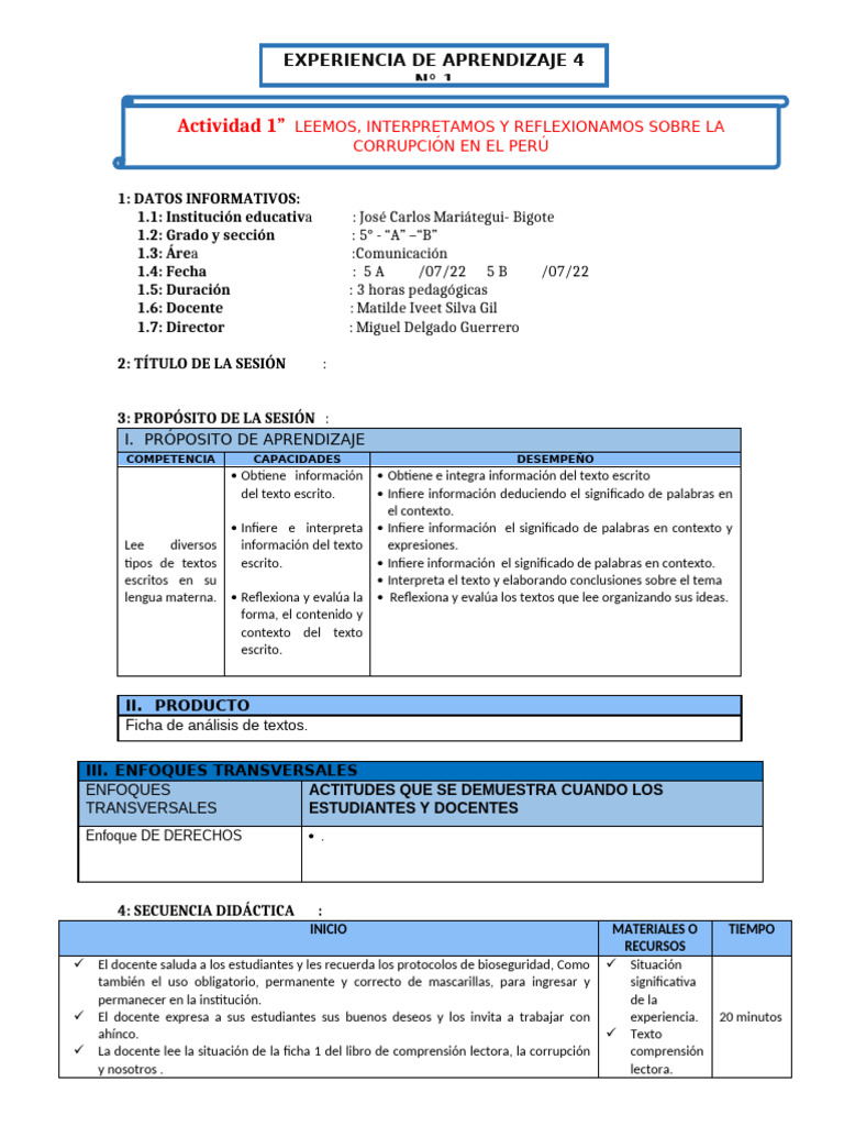 ACT APRENDIZAJE 1 Imp LA CORRUPCIÓN EN EL PERÚ Ok | PDF | Comprensión lectora | Aprendizaje