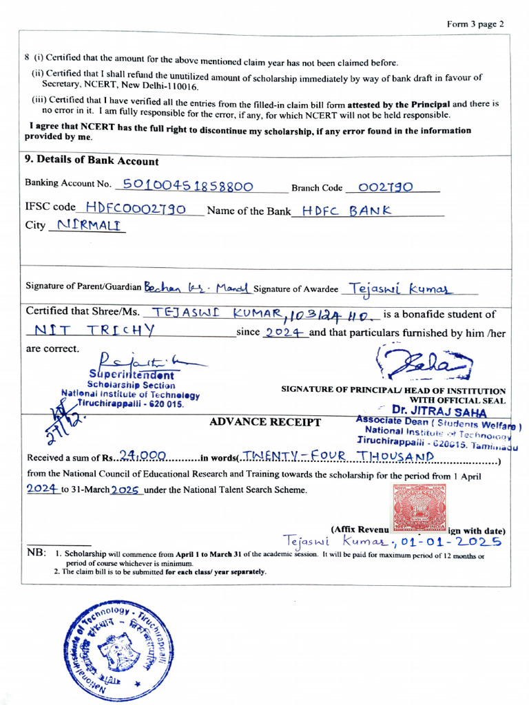 NCERT Scholarship Claim Certification Form | PDF