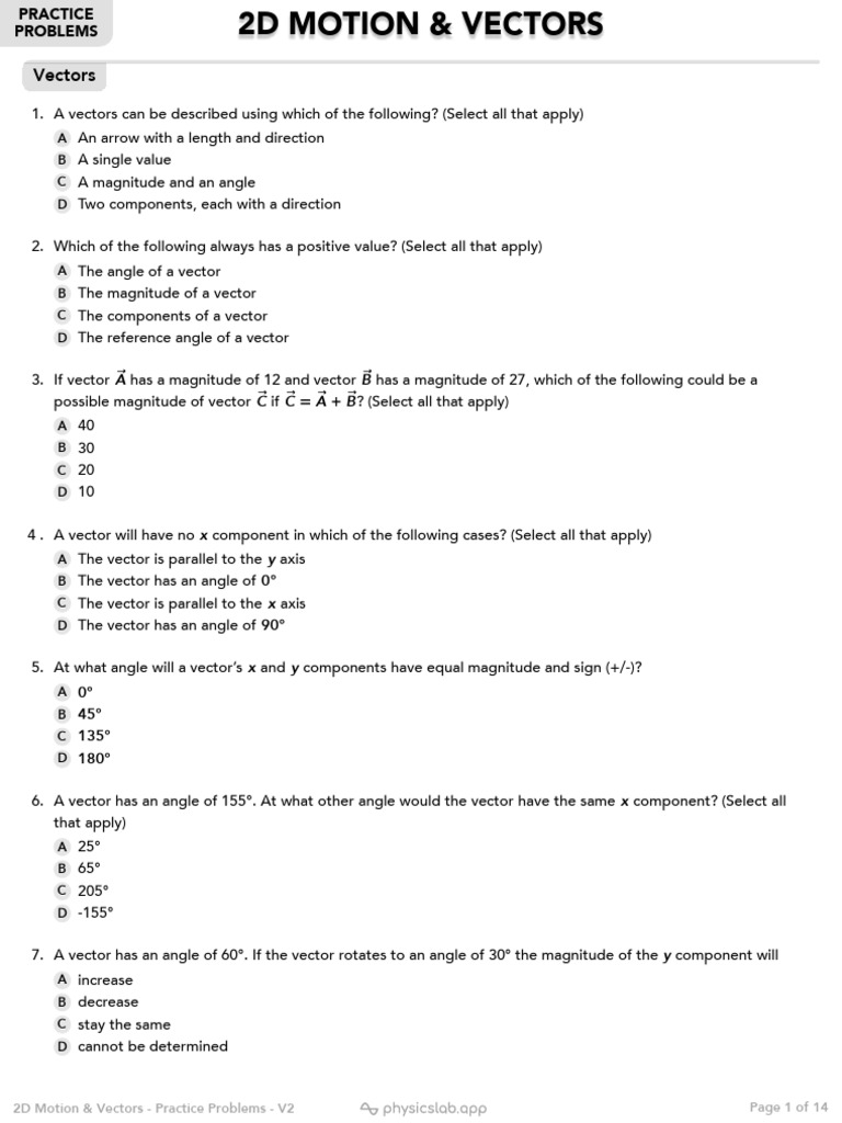 2D Motion & Vectors - Practice Problems | PDF | Velocity | Euclidean Vector