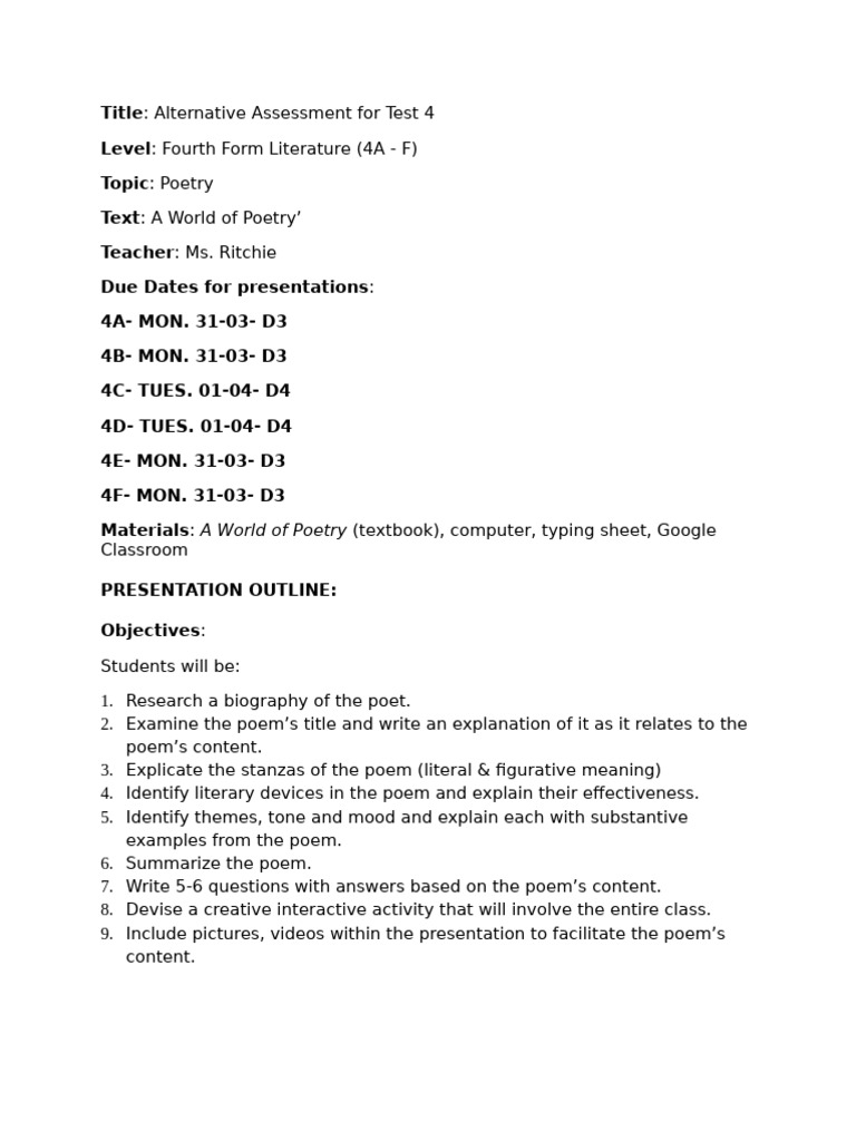 4th Form Alternative Assessment - Test 4 - Poetry Presentation | PDF ...