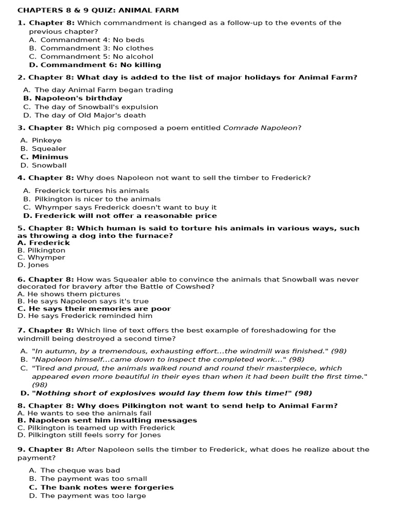 Animal Farm Quiz Chapters 8 & 9 | PDF