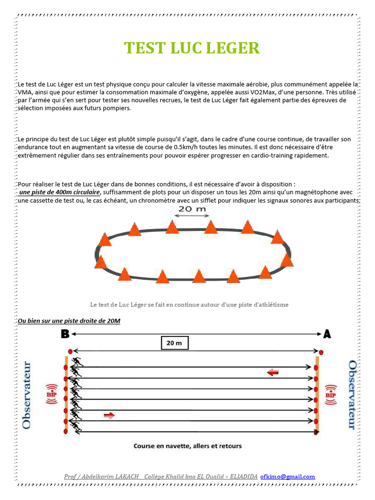 Test de Luc Léger : VMA et VO2Max | PDF | Endurance | Athlétisme