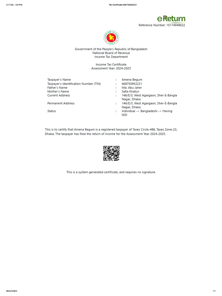 Income Tax Certificate for Amena Begum | PDF