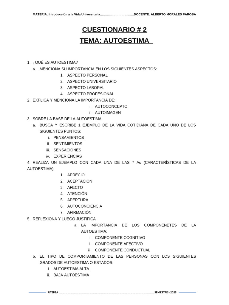 CUEST 2 (AUTOESTIMA) IVU | PDF | Autoestima | Cognición
