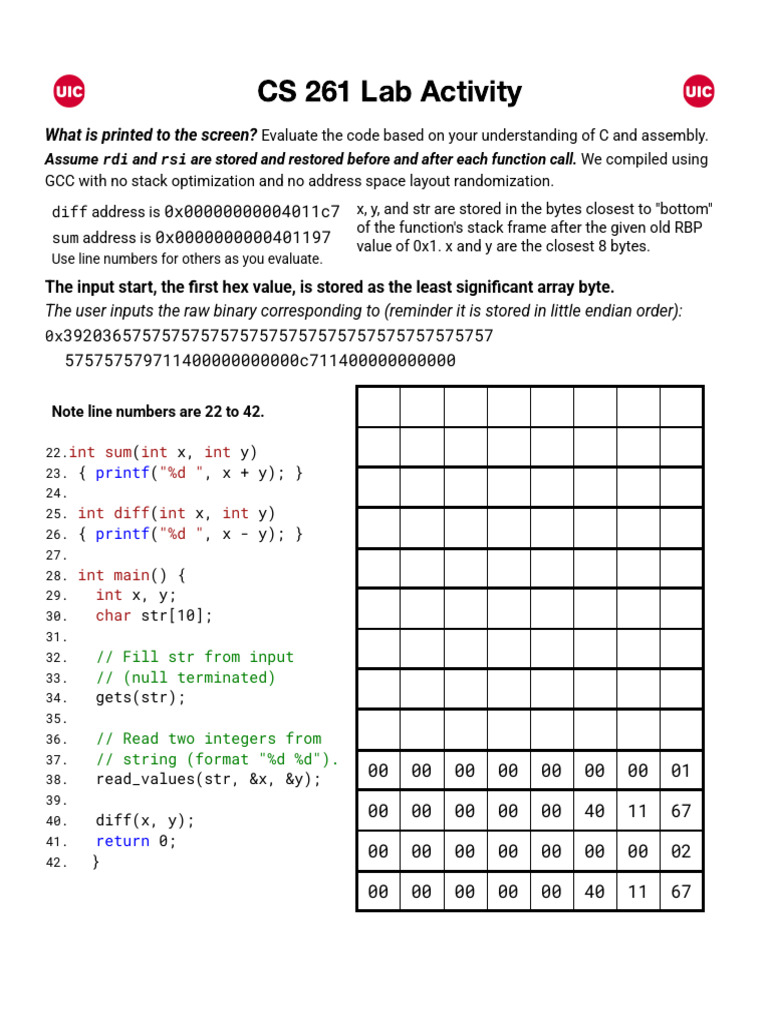 Lab 10 - Activity - Overflows and Assembly Byte Codes - CS 261 Spring 2025 | PDF | Computer ...