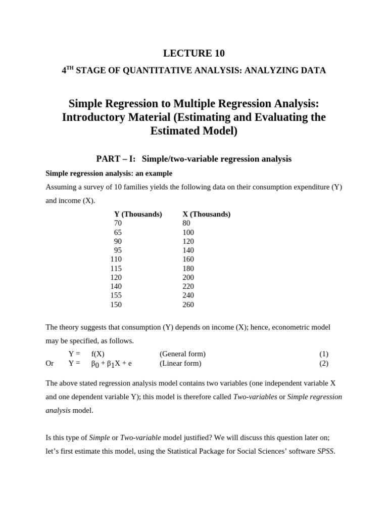 Lecture 10 Simple Regression To Multiple Regression Pdf Regression Analysis Statistics
