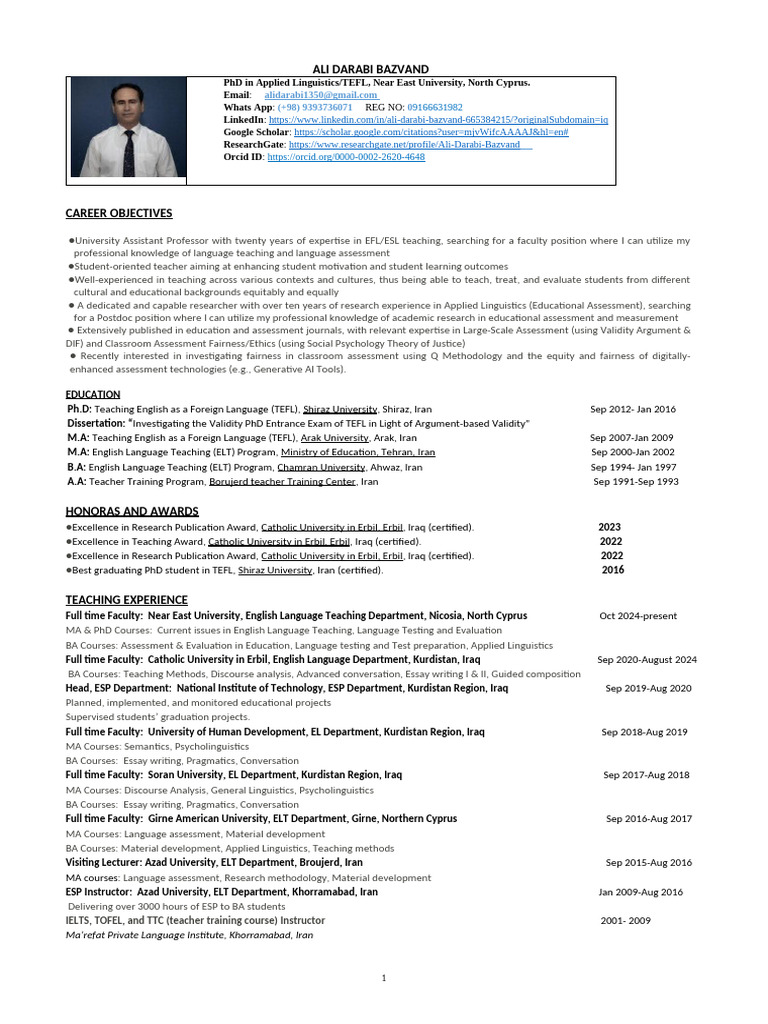 Ali Darabi CV, Updated April 2025 | PDF | English As A Second Or ...