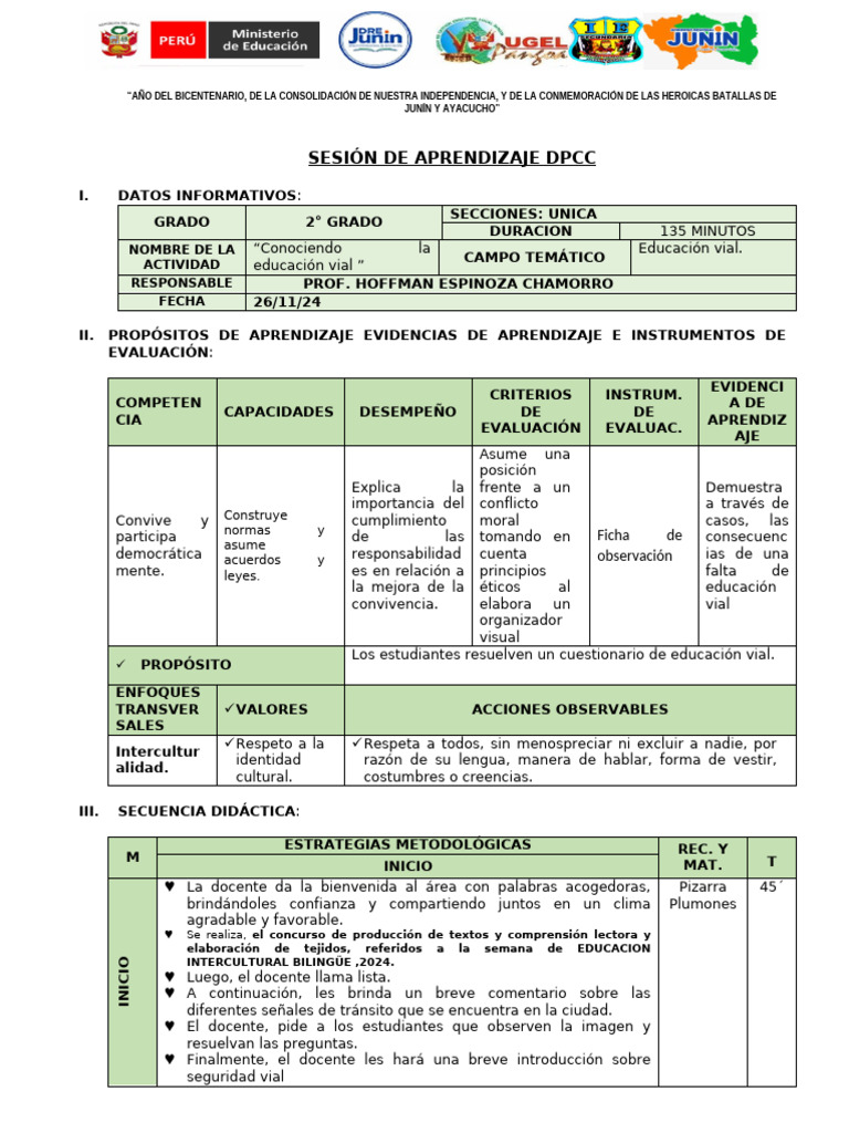 Sesion de Aprendizaje DPCC 2° | PDF | Seguridad vial