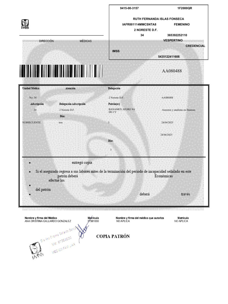 Certificado de Incapacidad Temporal IMSS | PDF