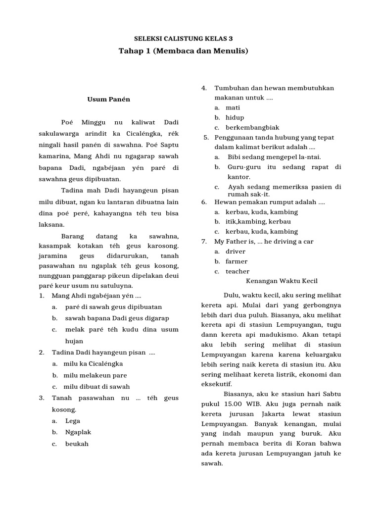 Soal Calistung Kelas 3 dan Panen Pare | PDF