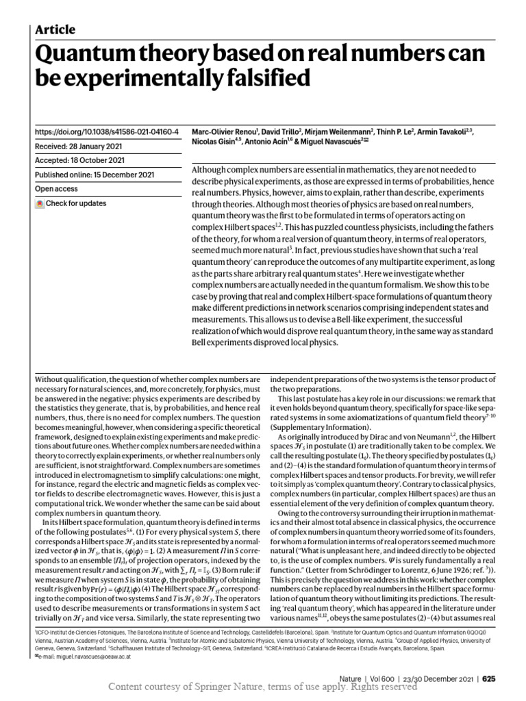 Quantum Theory Based On Real Numbers Can Be Experi | PDF | Quantum ...
